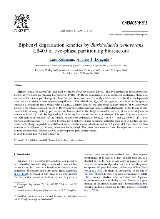 (PDF) Biphenyl degradation kinetics by Burkholderia xenovorans LB400 in ...