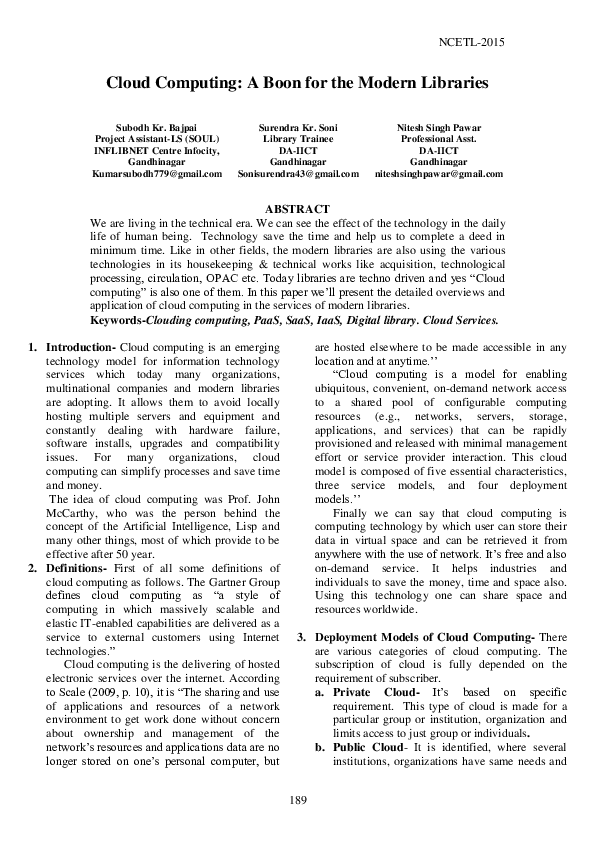 (PDF) Cloud Computing: A Boon for the Modern Libraries