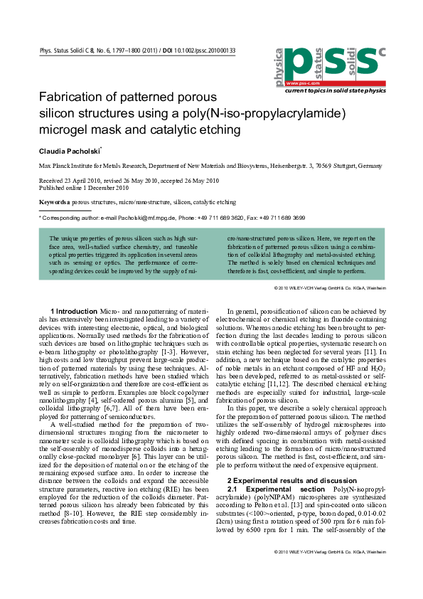(PDF) Fabrication of patterned porous silicon structures using a poly(N-iso-propylacrylamide ...