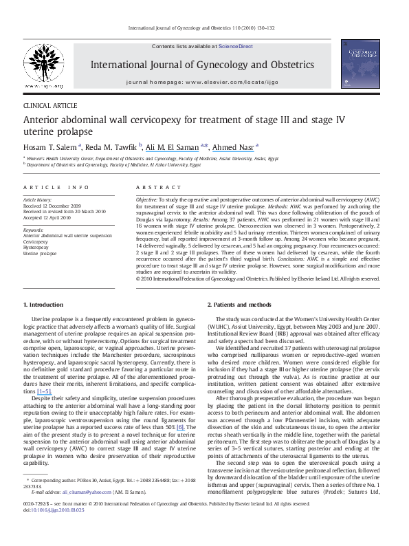 (PDF) Anterior abdominal wall cervicopexy for treatment of stage III ...