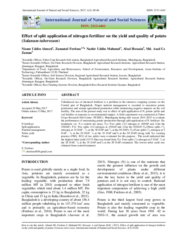 Pdf Effect Of Split Application Of Nitrogen Fertilizer On The Yield And Quality Of Potato