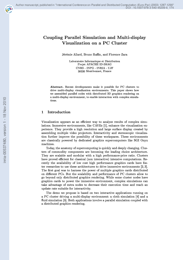 Pdf Coupling Parallel Simulation And Multi Display Visualization On A