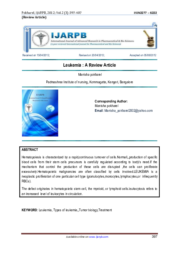 (PDF) Leukemia : A Review Article