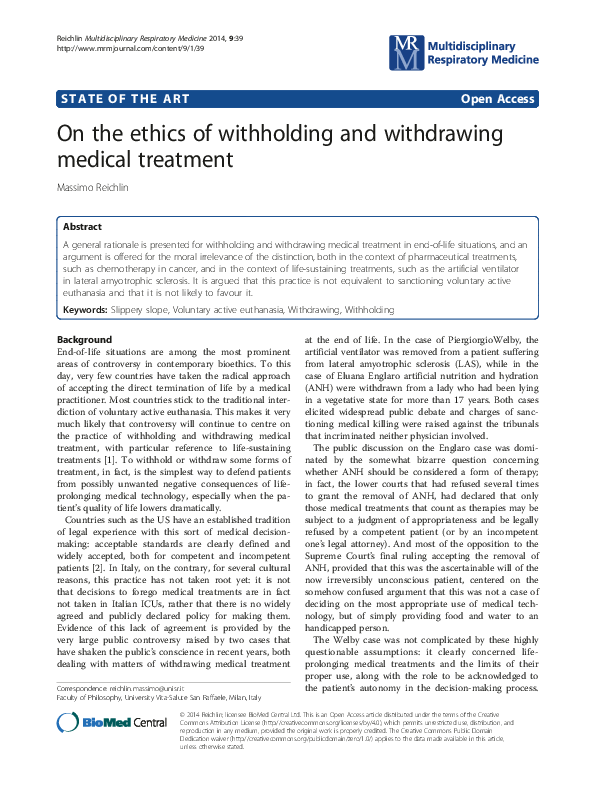 (PDF) On the ethics of withholding and withdrawing medical treatment