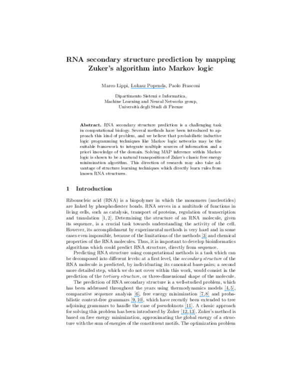 (PDF) RNA secondary structure prediction by mapping Zuker's algorithm into Markov logic