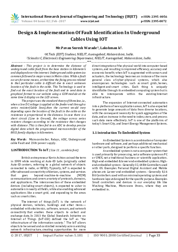 Pdf Design And Implementation Of Fault Identification In Underground Cables Using Iot