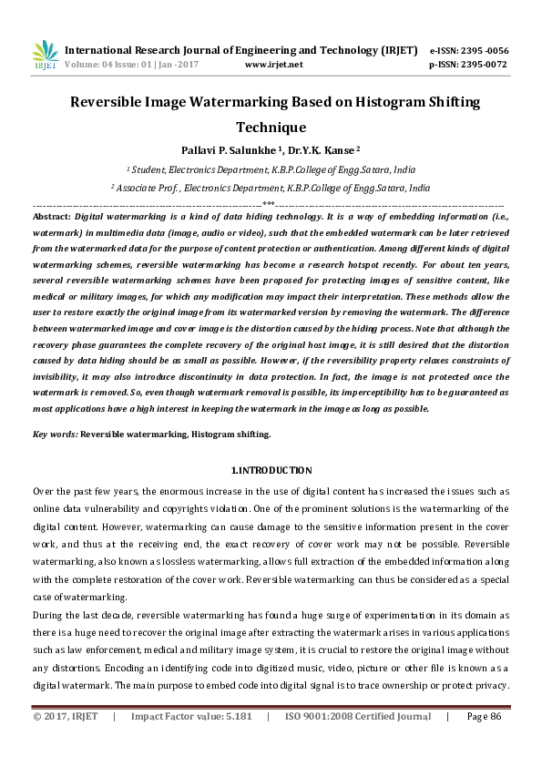 Pdf Reversible Image Watermarking Based On Histogram Shifting Technique Irjet Journal