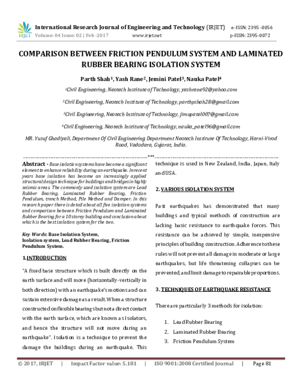 Pdf Comparison Between Friction Pendulum System And Laminated Rubber Bearing Isolation System