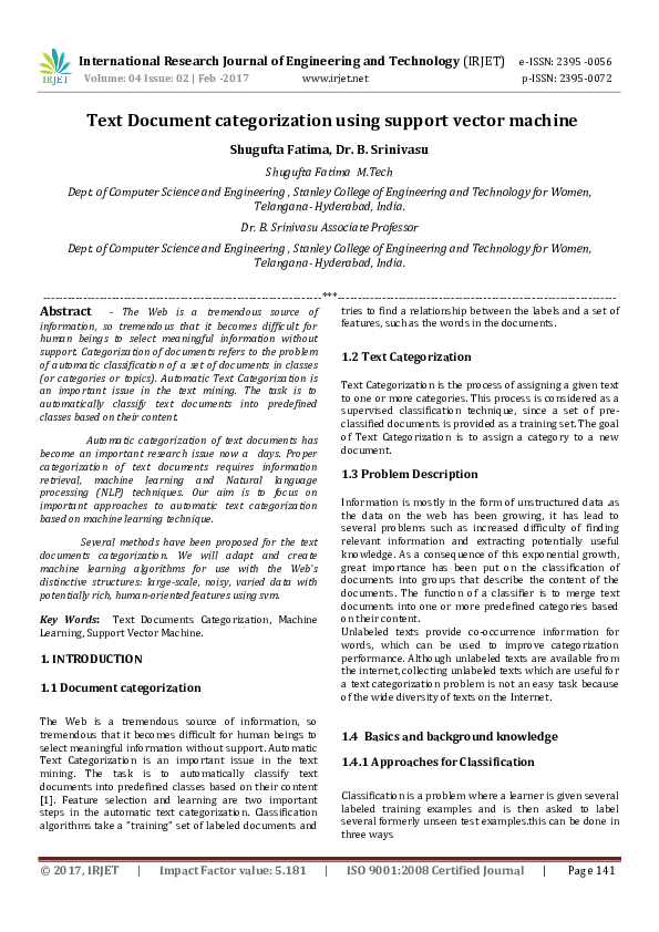 Pdf Text Document Categorization Using Support Vector Machine