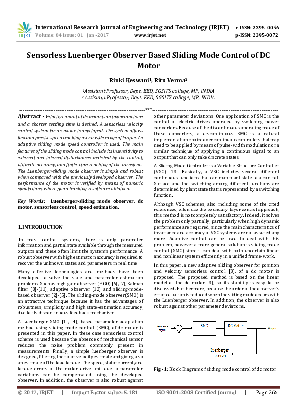 Pdf Sensorless Luenberger Observer Based Sliding Mode Control Of Dc Motor