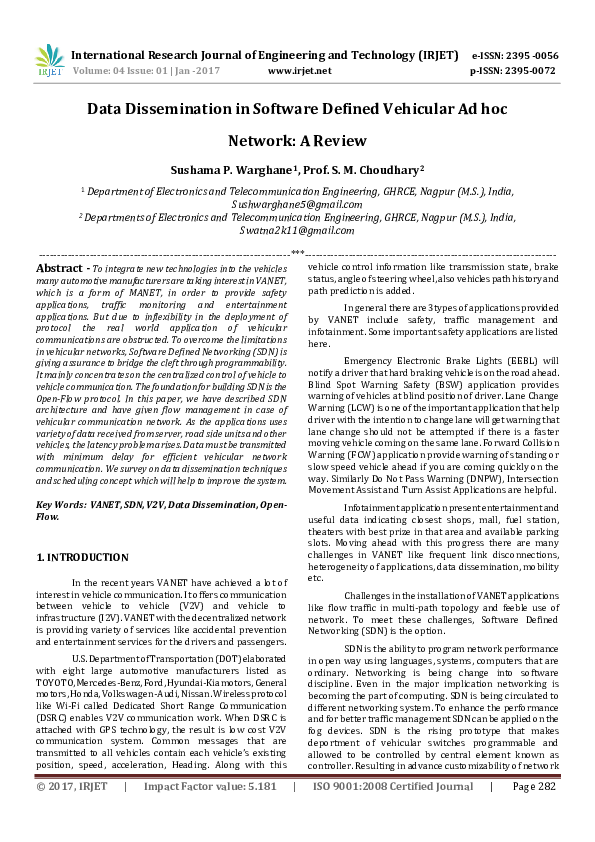 Pdf Data Dissemination In Software Defined Vehicular Ad Hoc Network A Review