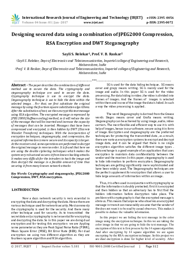 (PDF) Designing secured data using a combination of JPEG2000 Compression, RSA Encryption and DWT ...