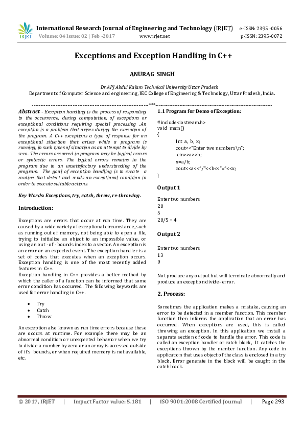 (PDF) Exceptions and Exception Handling in C