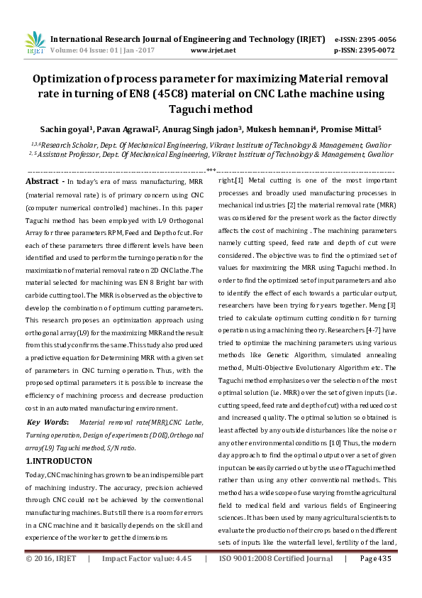(PDF) Optimization of process parameter for maximizing Material removal rate in turning of EN8 ...