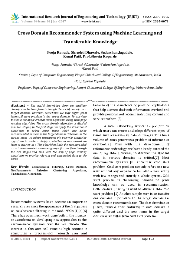 Pdf Cross Domain Recommender System Using Machine Learning And Transferable Knowledge