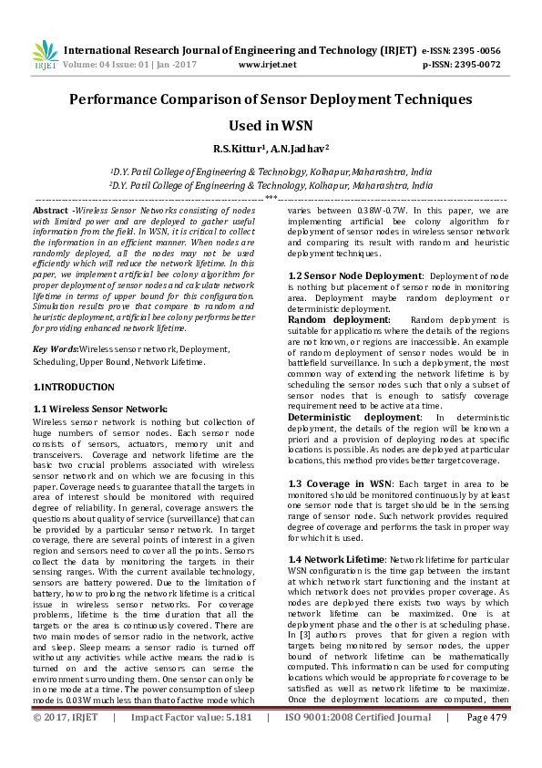 (PDF) Performance Comparison of Sensor Deployment Techniques Used in WSN