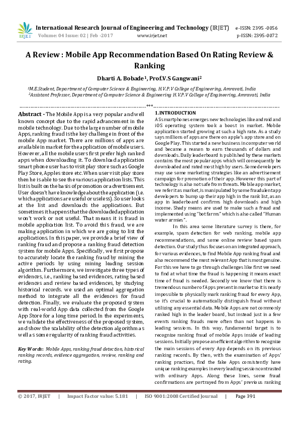 (PDF) A Review : Mobile App Recommendation Based On Rating Review & Ranking