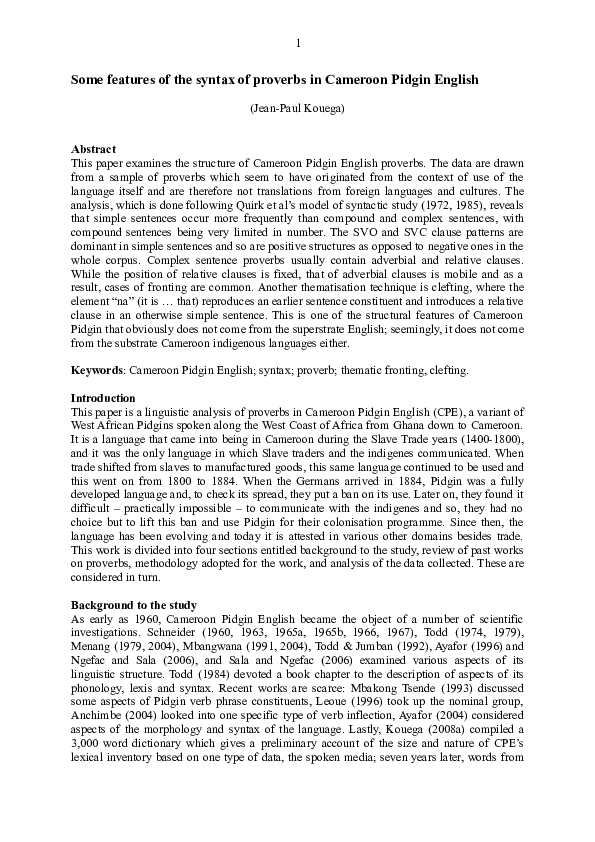 (DOC) Some features of the syntax of proverbs in Cameroon Pidgin English