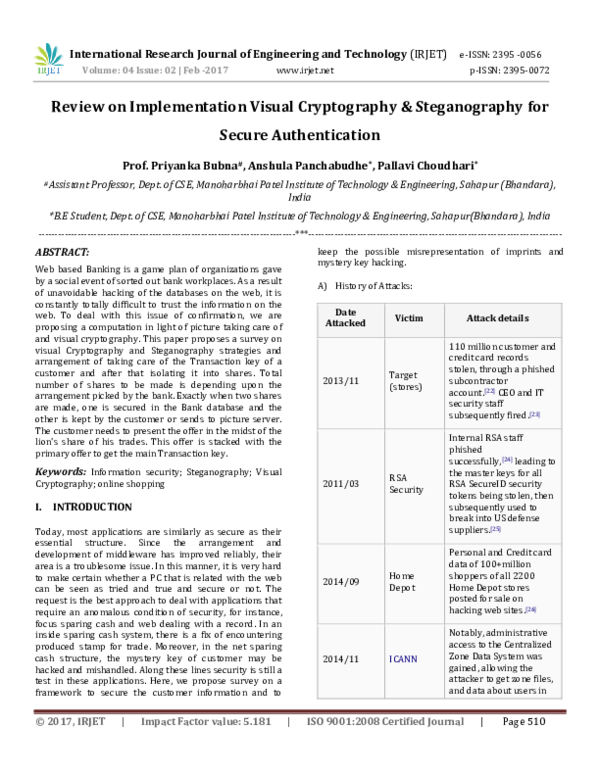 (PDF) Review on Implementation Visual Cryptography & Steganography for Secure Authentication