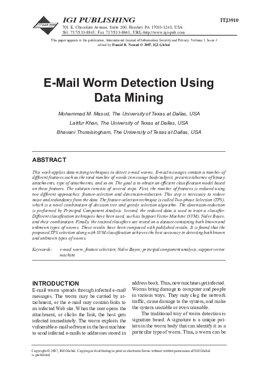 E Mail Worm Detection Using Data Mining 