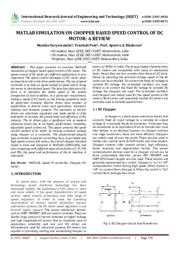 Pdf Matlab Simulation On Chopper Based Speed Control Of Dc Motor A