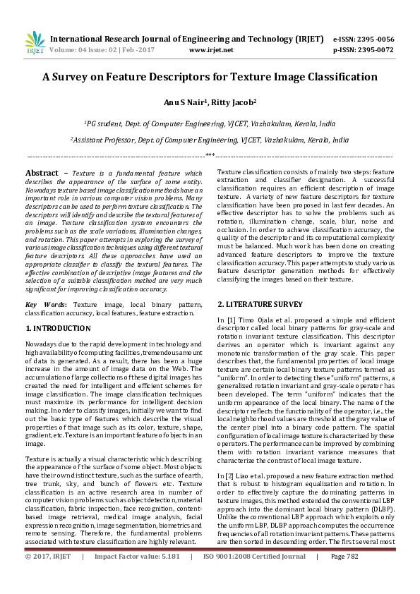 (PDF) A Survey on Feature Descriptors for Texture Image Classification