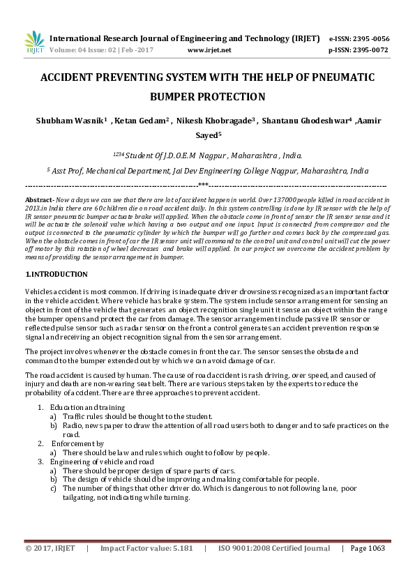 (PDF) ACCIDENT PREVENTING SYSTEM WITH THE HELP OF PNEUMATIC BUMPER ...