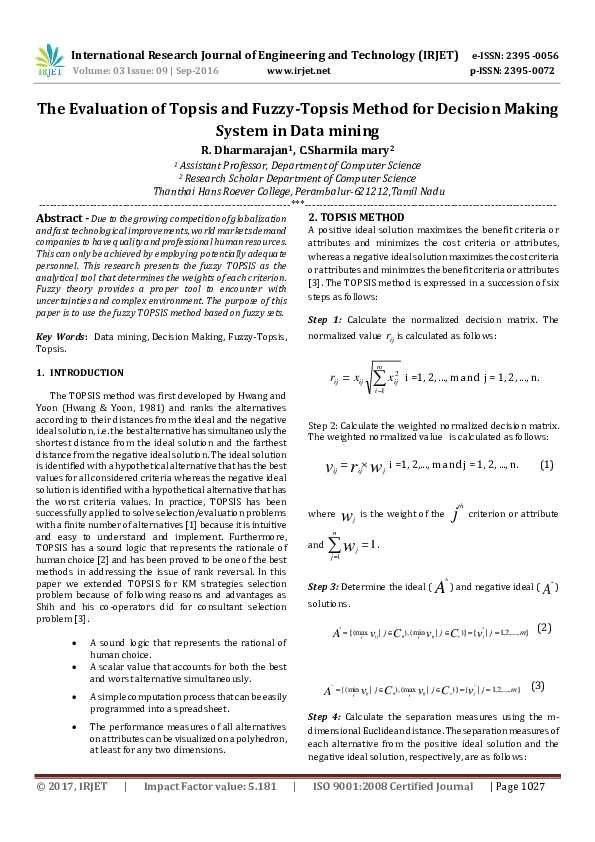 Pdf The Evaluation Of Topsis And Fuzzy Topsis Method For Decision Making System In Data Mining