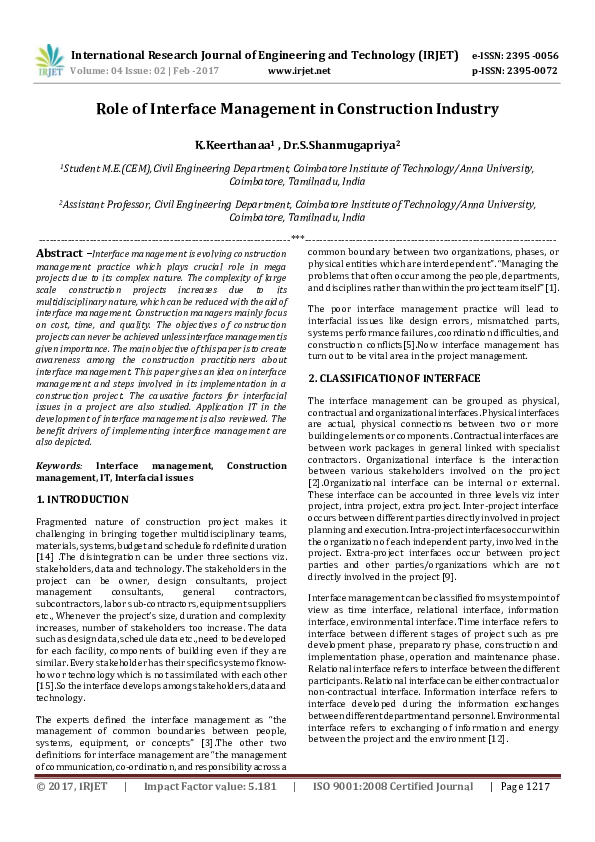 (PDF) Role of Interface Management in Construction Industry