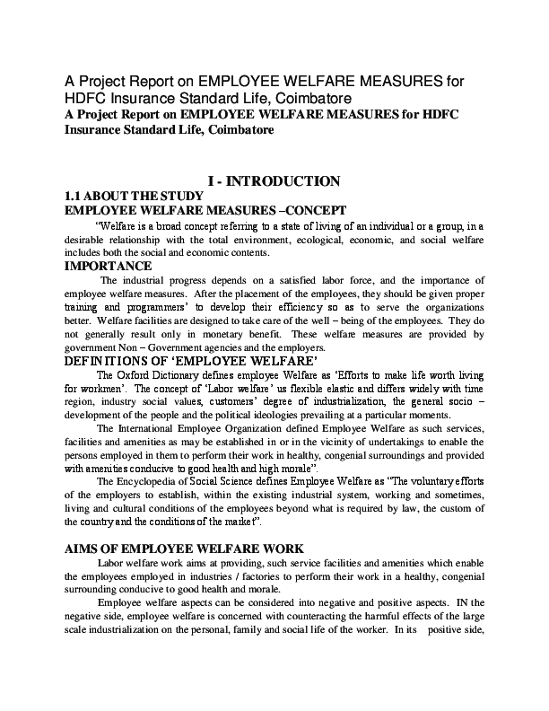 (DOC) A Project Report on EMPLOYEE WELFARE MEASURES for HDFC Insurance ...