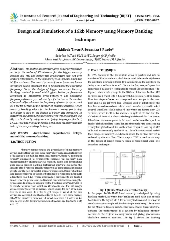 (PDF) Design and Simulation of a 16kb Memory using Memory Banking technique