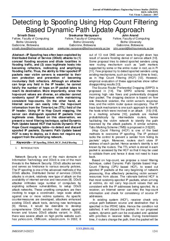 Pdf Detecting Ip Spoofing Using Hop Count Filtering Based Dynamic