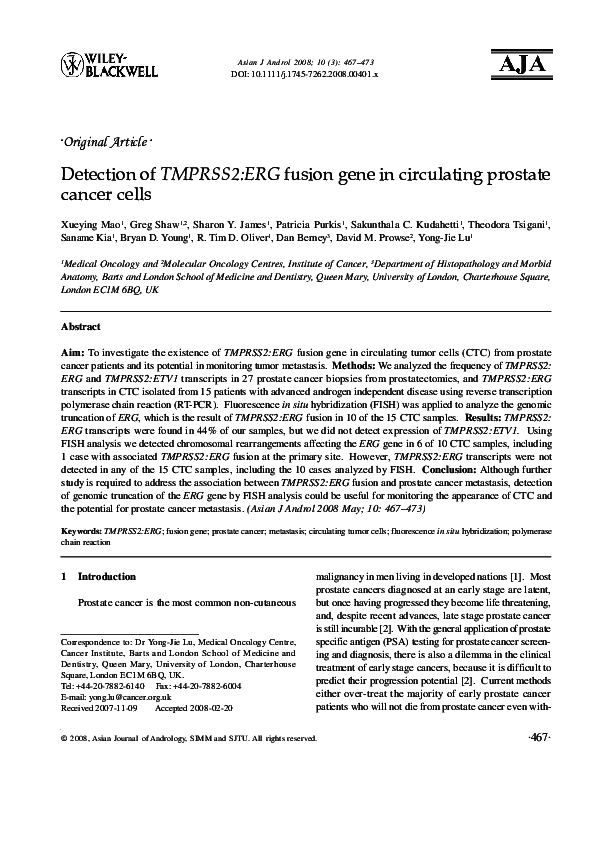 (PDF) Detection of TMPRSS2:ERG fusion gene in circulating prostate cancer cells