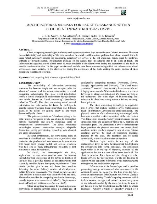 Pdf Architectural Models For Fault Tolerance Within Clouds At Infrastructure Level