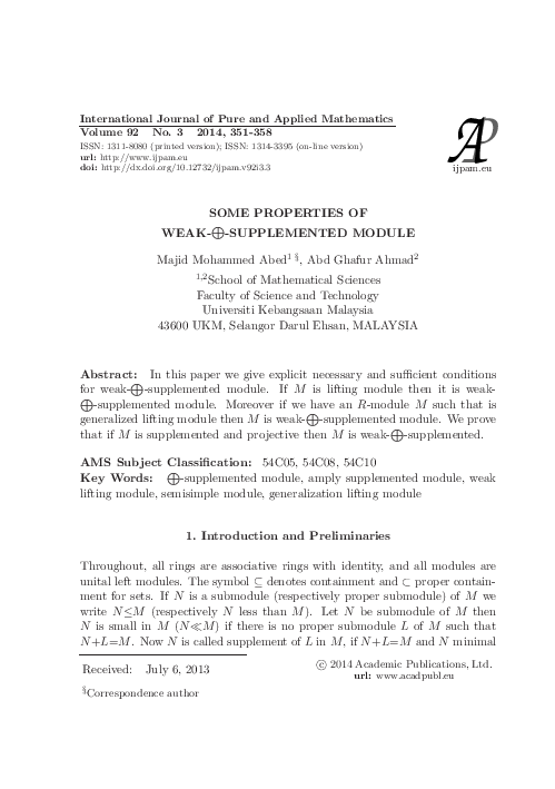 (PDF) SOME PROPERTIES OF WEAK-L-SUPPLEMENTED MODULE