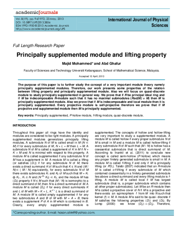 (PDF) Principally supplemented module and lifting property
