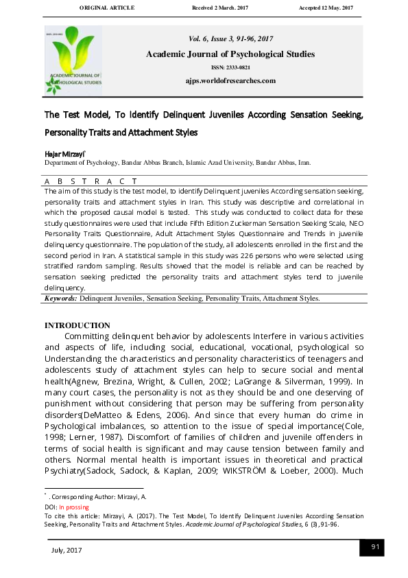 (PDF) The Test Model, To Identify Delinquent Juveniles According ...