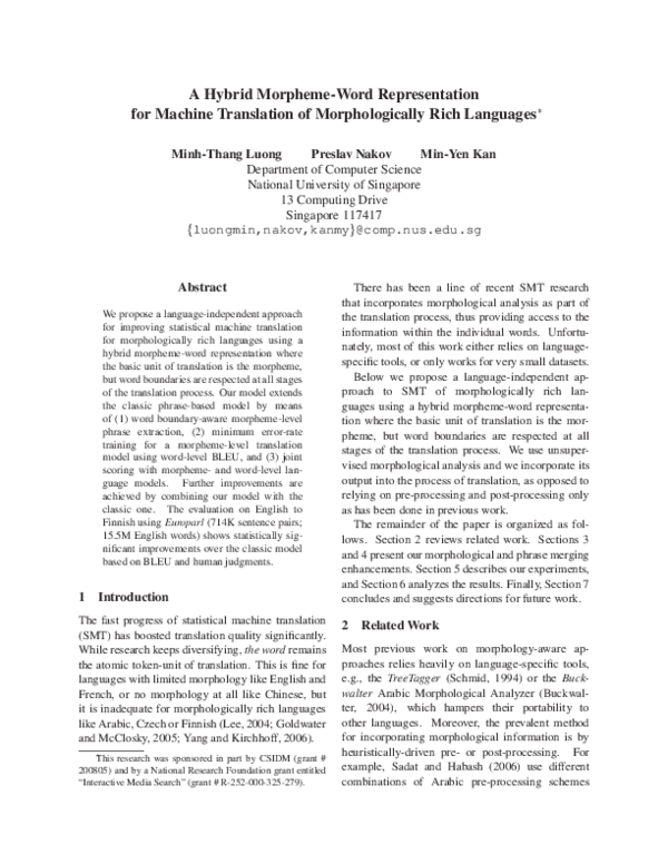 (PDF) A hybrid morpheme-word representation for machine translation of morphologically rich ...