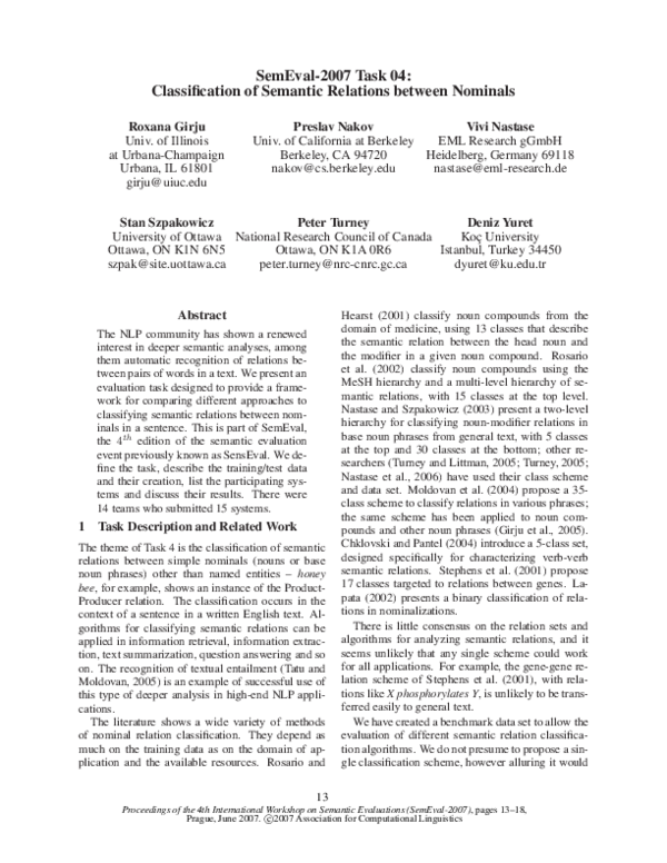 (PDF) Semeval-2007 task 04: Classification of semantic relations between nominals