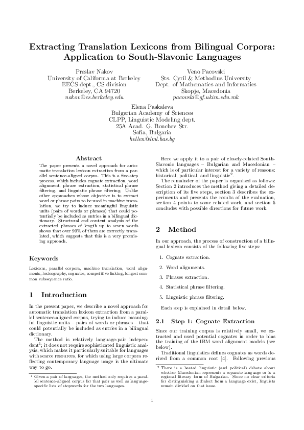(PDF) Extracting Translation Lexicons from Bilingual Corpora: Application to South-Slavonic ...
