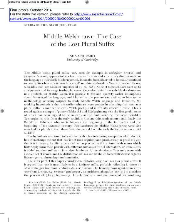 (PDF) Middle Welsh -awr: the Case of the Lost Plural Suffix
