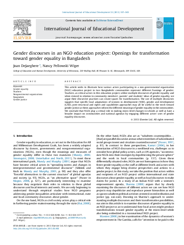 (PDF) Gender discourses in an NGO education project: Openings for ...