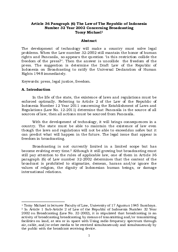 (PDF) Article 36 Paragraph (6) The Law of The Republic of Indonesia Number 32 Year 2002 ...