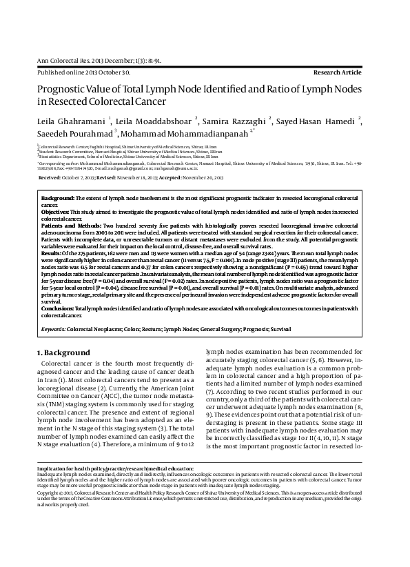 (PDF) Prognostic Value of Total Lymph Node Identified and Ratio of Lymph Nodes in Resected ...