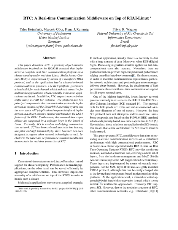 (PDF) RTC: a real-time communication middleware on top of RTAI-Linux | Franz Rammig - Academia.edu