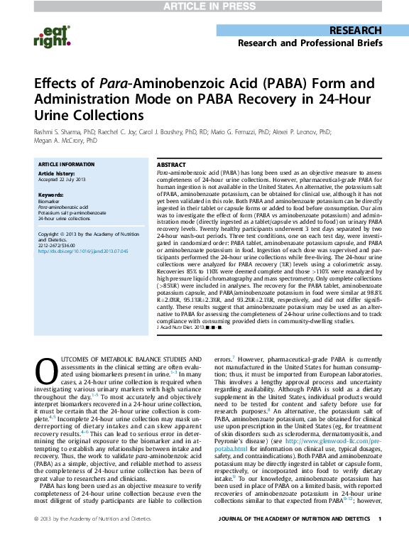 (PDF) Effects of Para-Aminobenzoic Acid (PABA) Form and Administration ...
