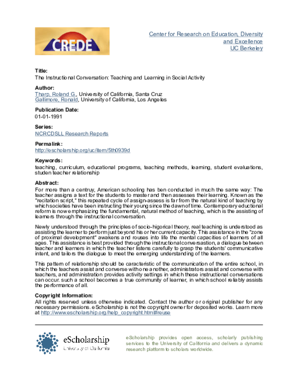 (PDF) The instructional conversation: Teaching and learning in social ...