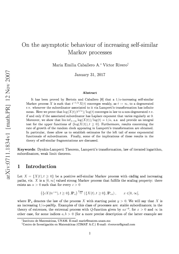 (PDF) On the asymptotic behaviour of increasing positive self-similar Markov processes | Victor ...