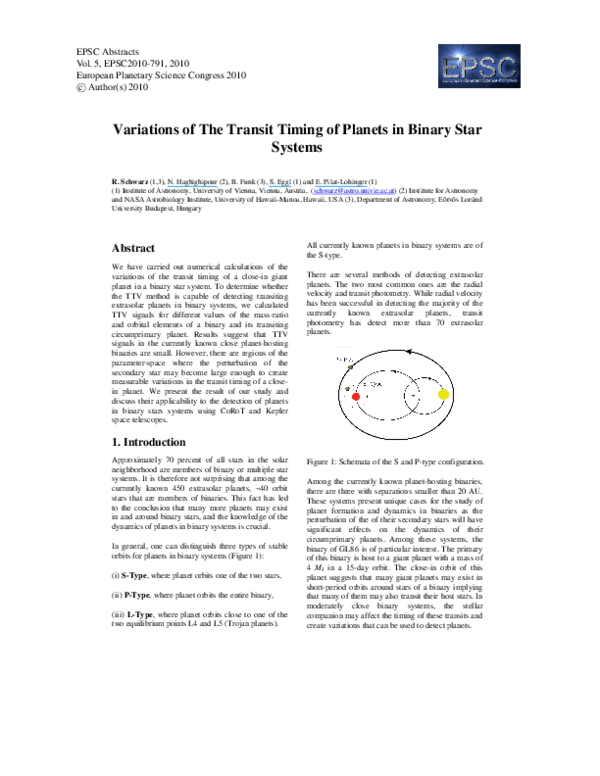 (PDF) Variations of The Transit Timing of Planets in Binary Star Systems