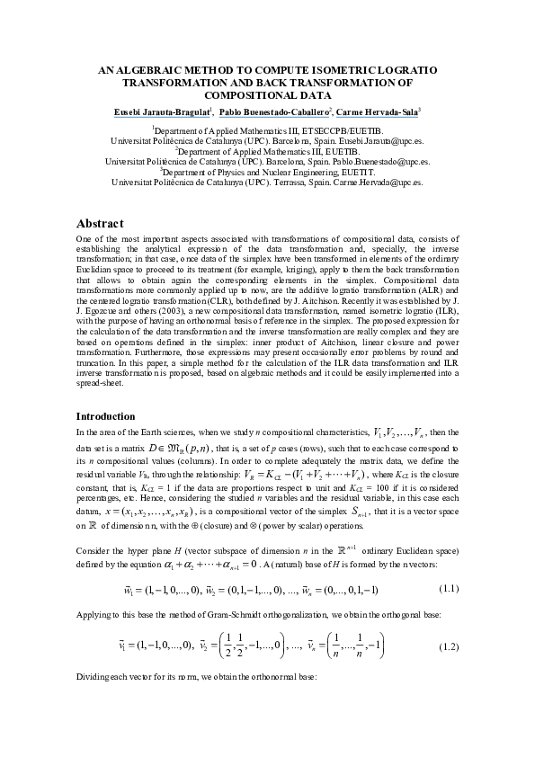 Pdf Isometric Logratio Transformations For Compositional Data Analysis Vera Pawlowsky Glahn